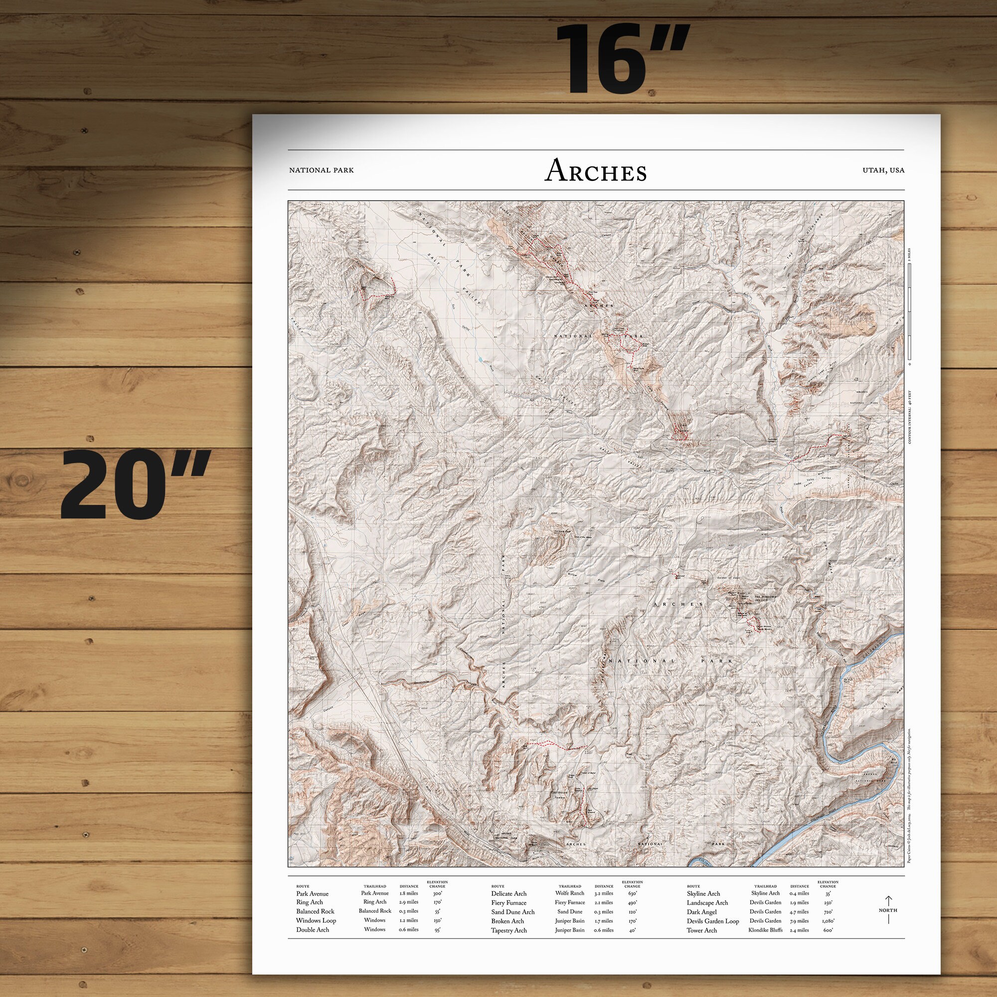 Arches National Park, Utah Trail Map Framed Prints Posters Hillshade ...