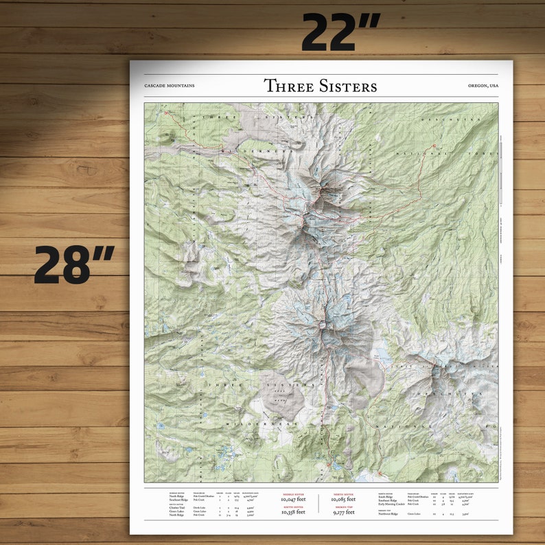 Three Sisters Mountaineering Map Print: Oregon Topographic Art Poster ...