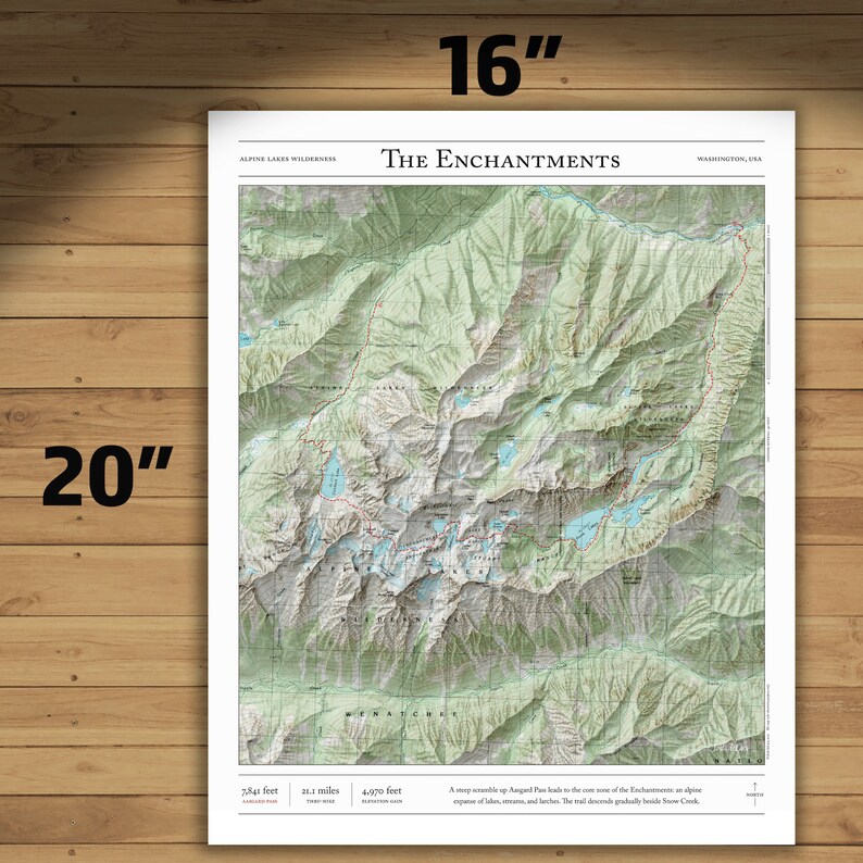 The Enchantments Trail Map Alpine Lakes Wilderness, WA Framed Print or ...