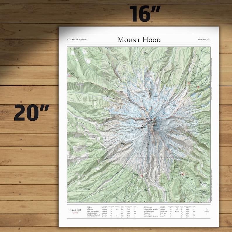 Mt. Hood Mountaineer's Map | Cascade Mountains, OR | Hillshade Art ...