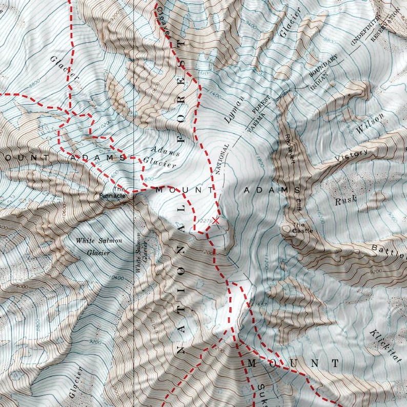 Mt. Adams Mountaineer's Map Print: Washington Cascade Mountains ...