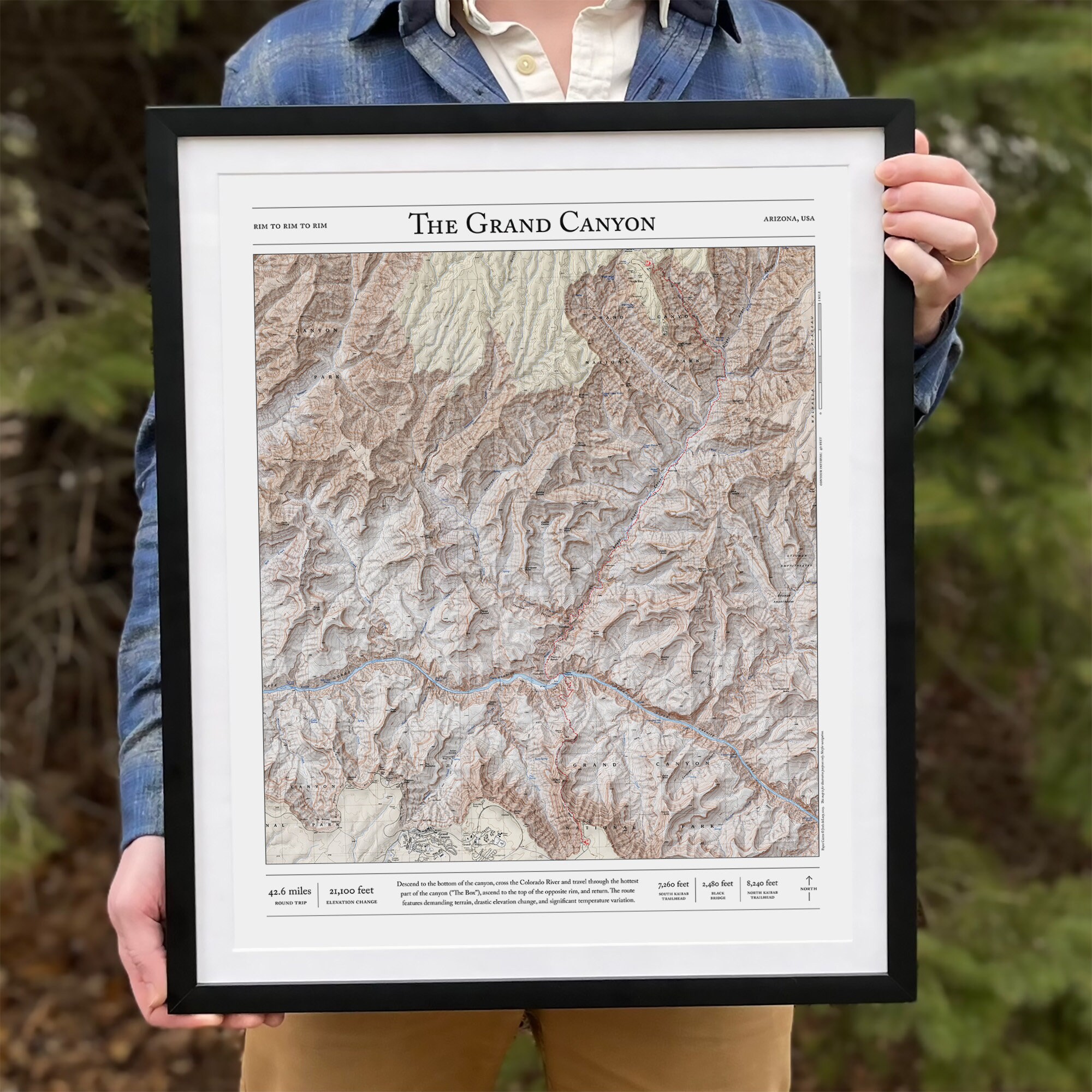 Grand Canyon R2R2R Trail Map Art Print: Topographic Hiking Art - Etsy