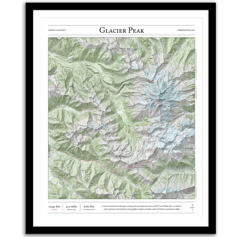 Glacier Peak Mountaineering Map Print: North Cascades Topographic Art ...