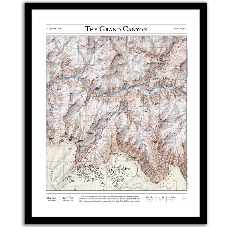 Plateau Point Trail Map, Grand Canyon | AZ, Bright Angel | Framed ...