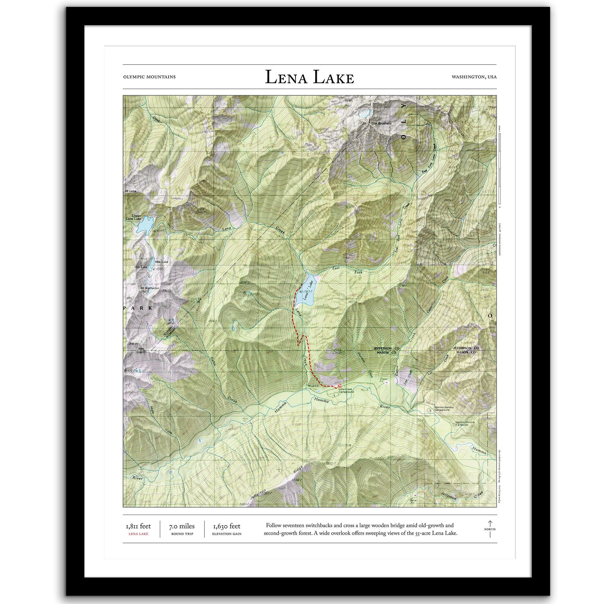 Lena Lake Trail Map Olympic Mountains, WA Framed Prints Posters ...