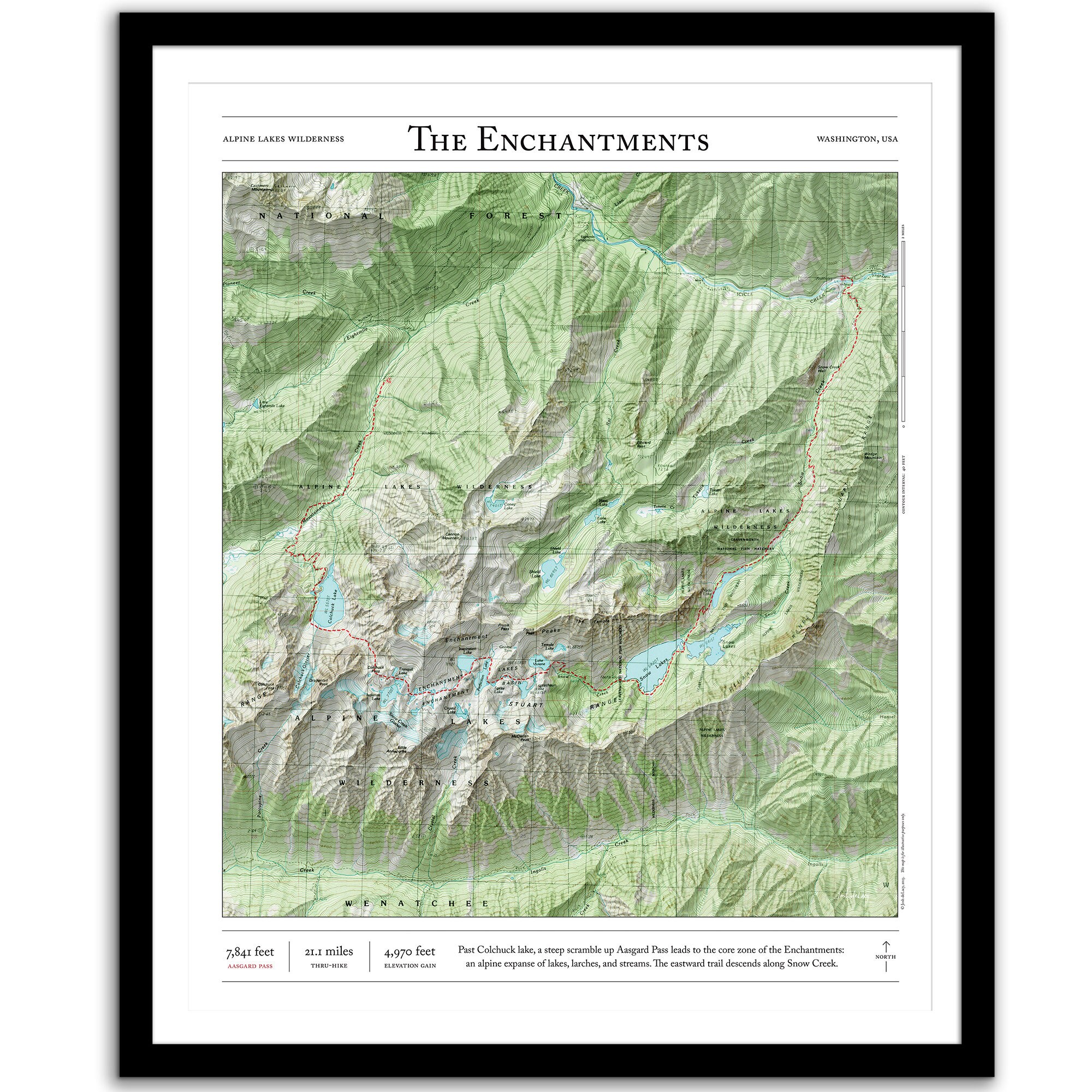 The Enchantments Trail Map Alpine Lakes Wilderness, WA Framed Print or ...
