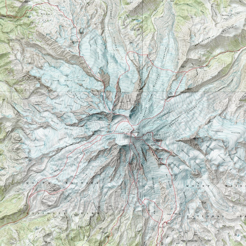 Mt. Rainier Topographic Map Print: Mountaineering Routes, Washington - Etsy