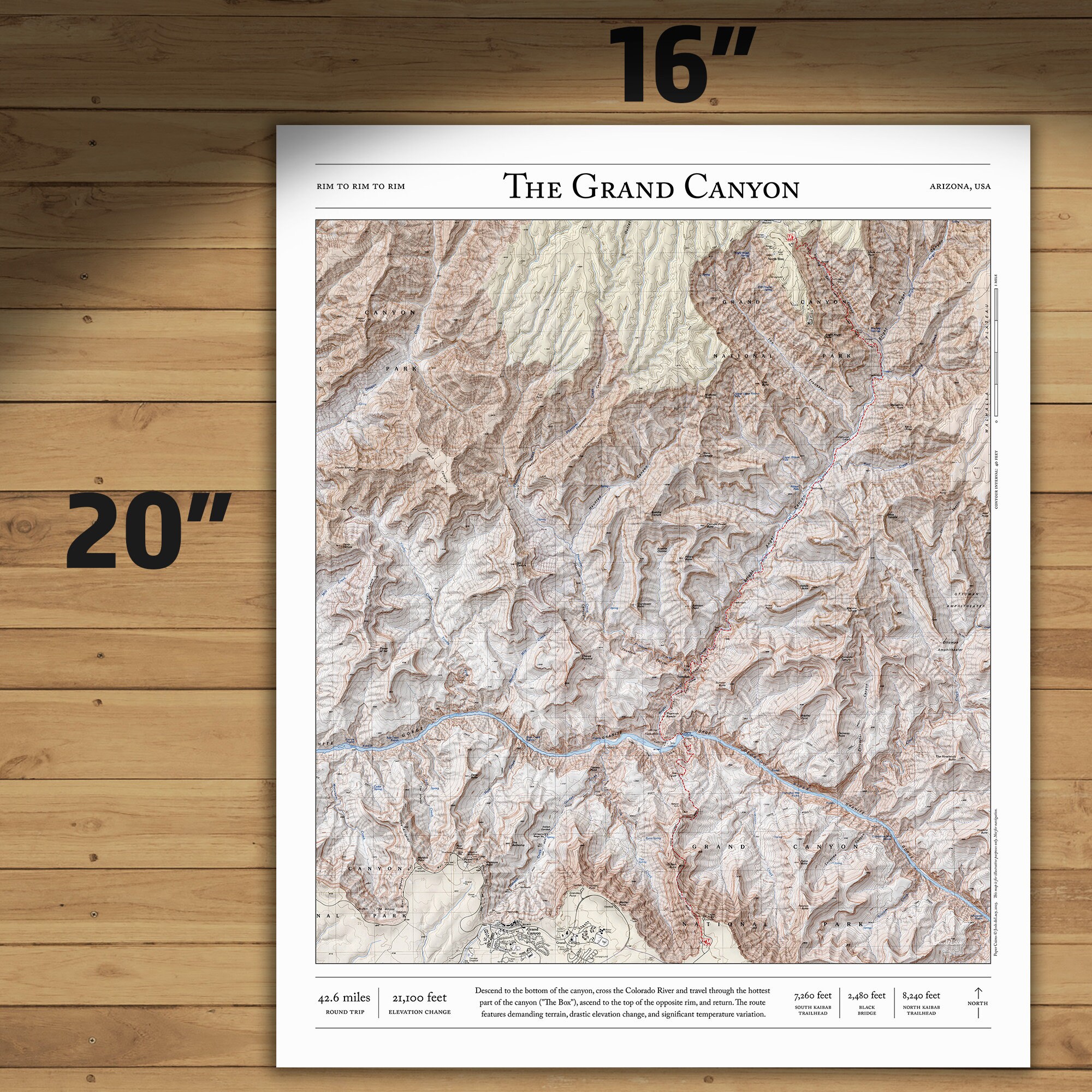 Grand Canyon R2R2R Trail Map Art Print: Topographic Hiking Art - Etsy