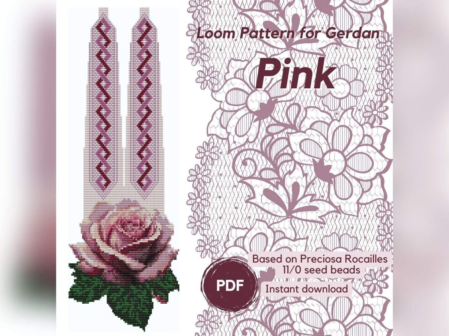 Pink Rose Beaded Necklace Pattern, PDF Beading Loom Pattern Based on ...