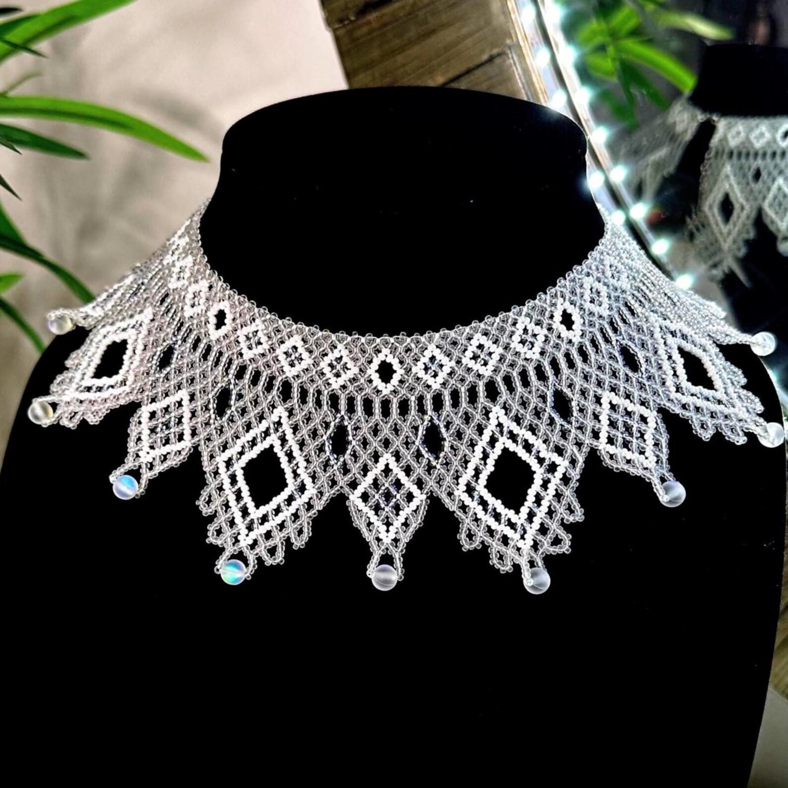 Beaded Netting Collar Necklace Pattern PDF, White Lace Jewelry Design ...