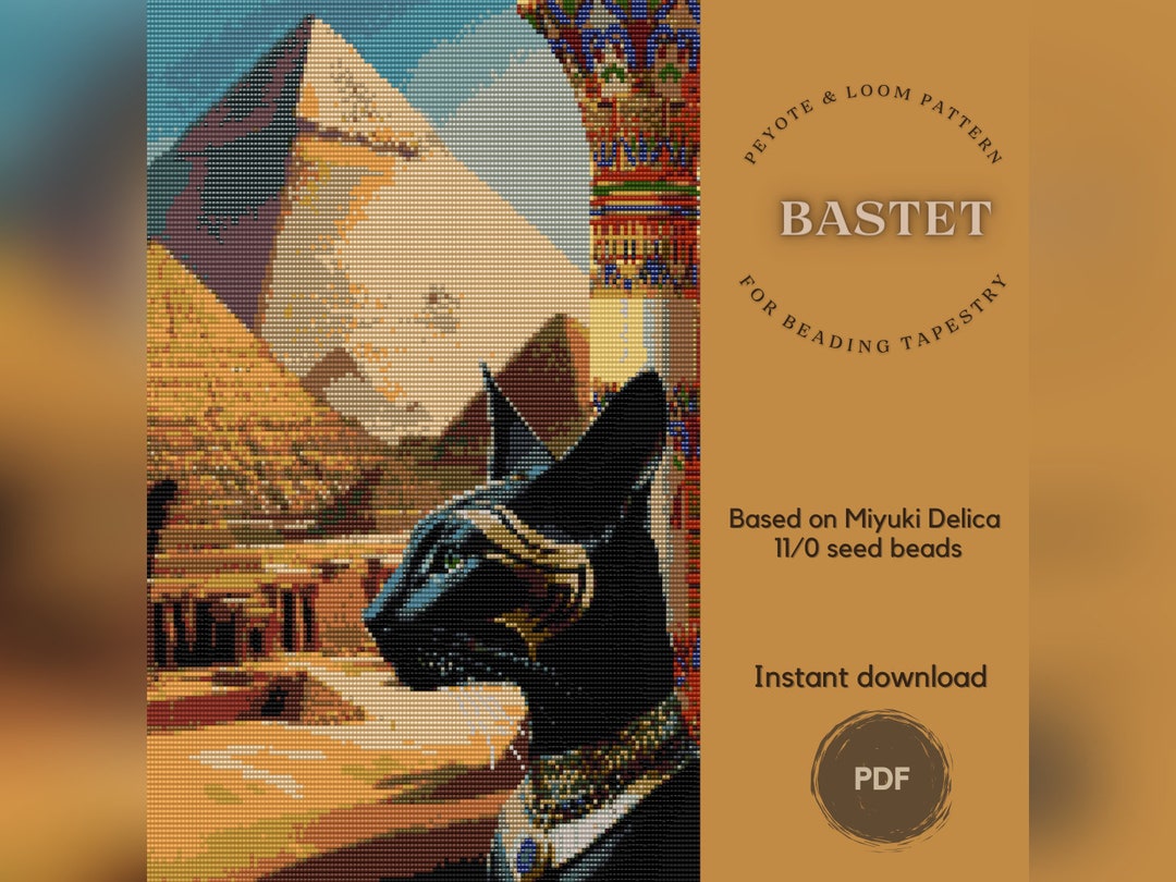 Bastet Bead Tapestry Pattern, Egyptian Cat Goddess With Pyramids, PDF Loom & Peyote Chart ...