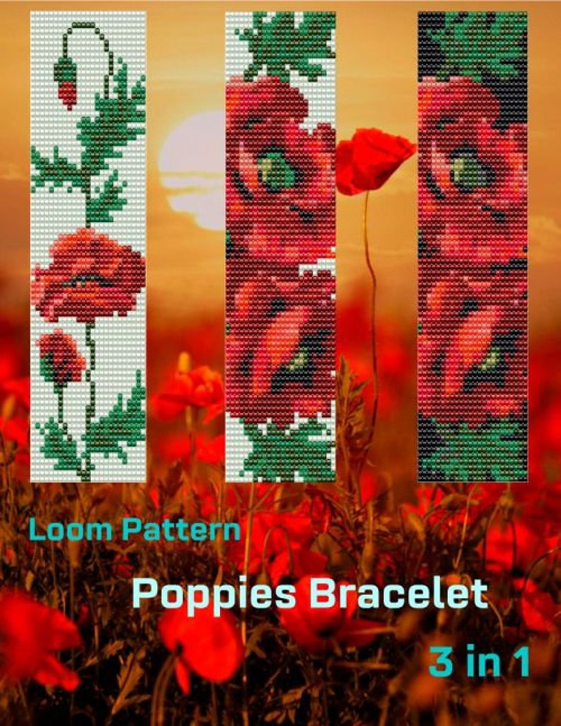 Beaded Poppies Bracelet Pattern, PDF Beading Loom Pattern, Bead Weaving ...
