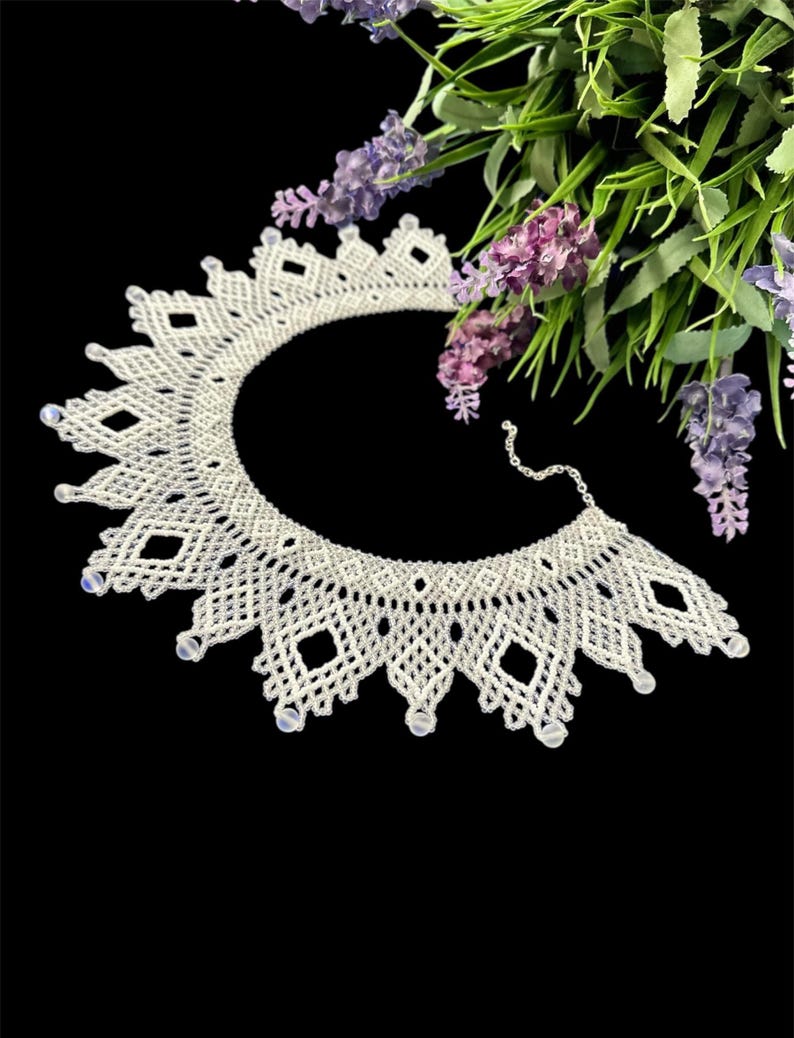 Beaded Netting Collar Necklace Pattern PDF, White Lace Jewelry Design ...