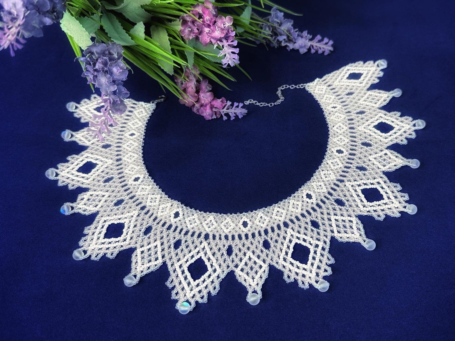 Beaded Netting Collar Necklace Pattern PDF, White Lace Jewelry Design ...