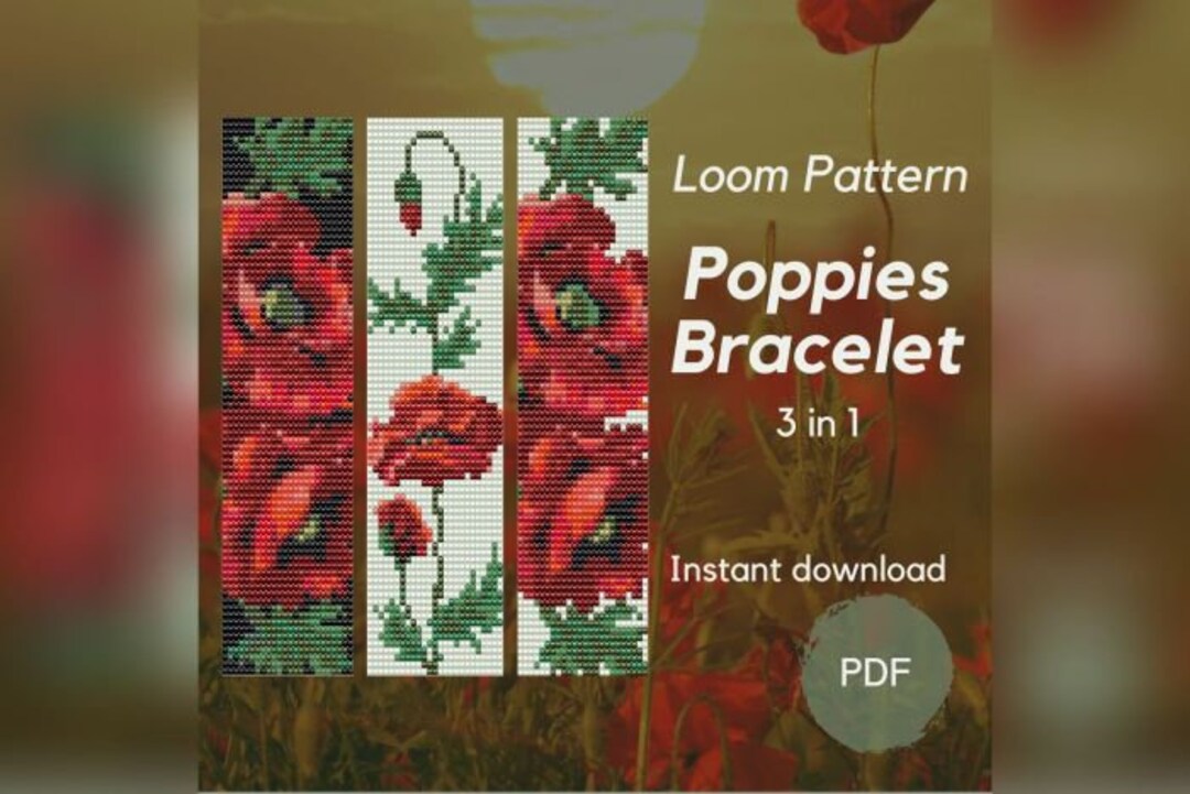Beaded Poppies Bracelet Pattern, PDF Beading Loom Pattern, Bead Weaving ...