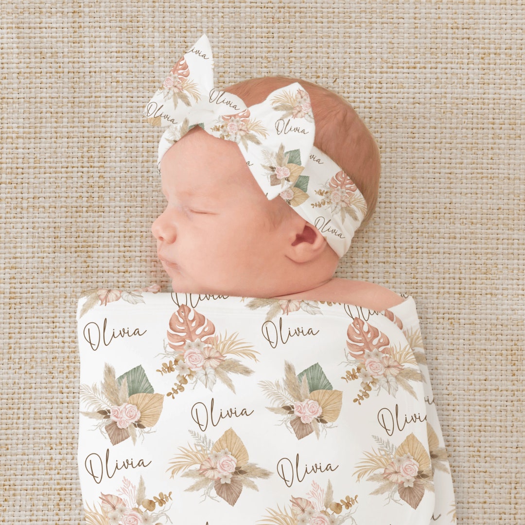 Personalized Boho Floral Baby Name Swaddle, Custom Name Blanket Newborn ...