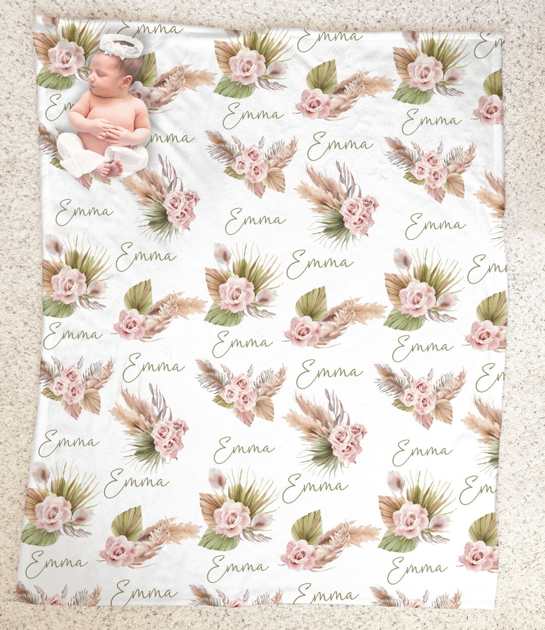 Personalized Boho Rose Baby Name Blanket, Custom Name Swaddle Newborn ...