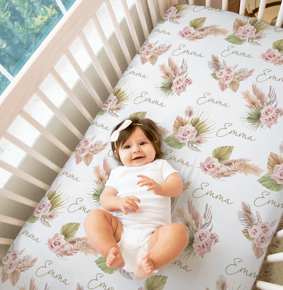 Personalized Boho Rose Floral Baby Name Crib Sheet, Custom Name Swaddle ...