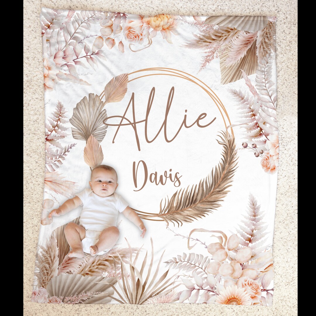 Personalized Boho Floral Wreath Baby Name Blanket, Custom Name Swaddle ...