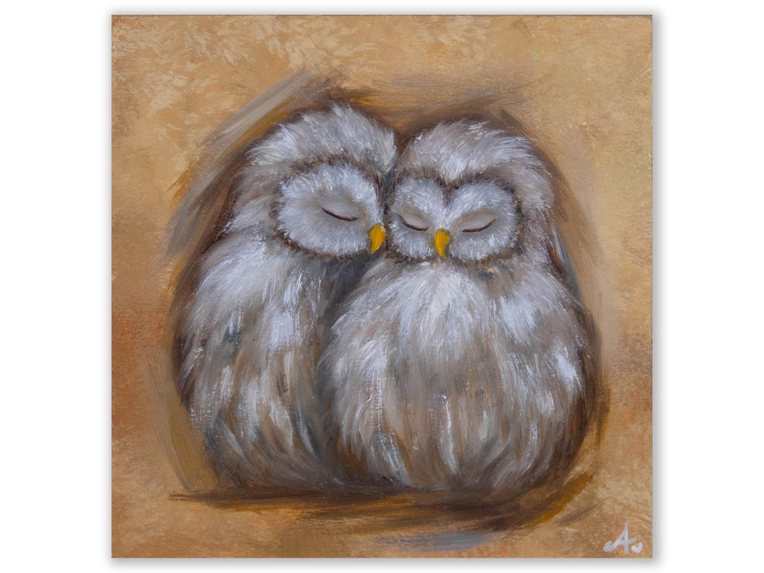 Original Art / Snow Owl Couple / Oil Painting / LOVE COUPLE / Small Owl ...