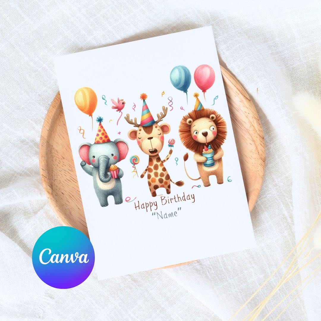 Cute Animals-themed Birthday Card, Customizable Canva Design and ...