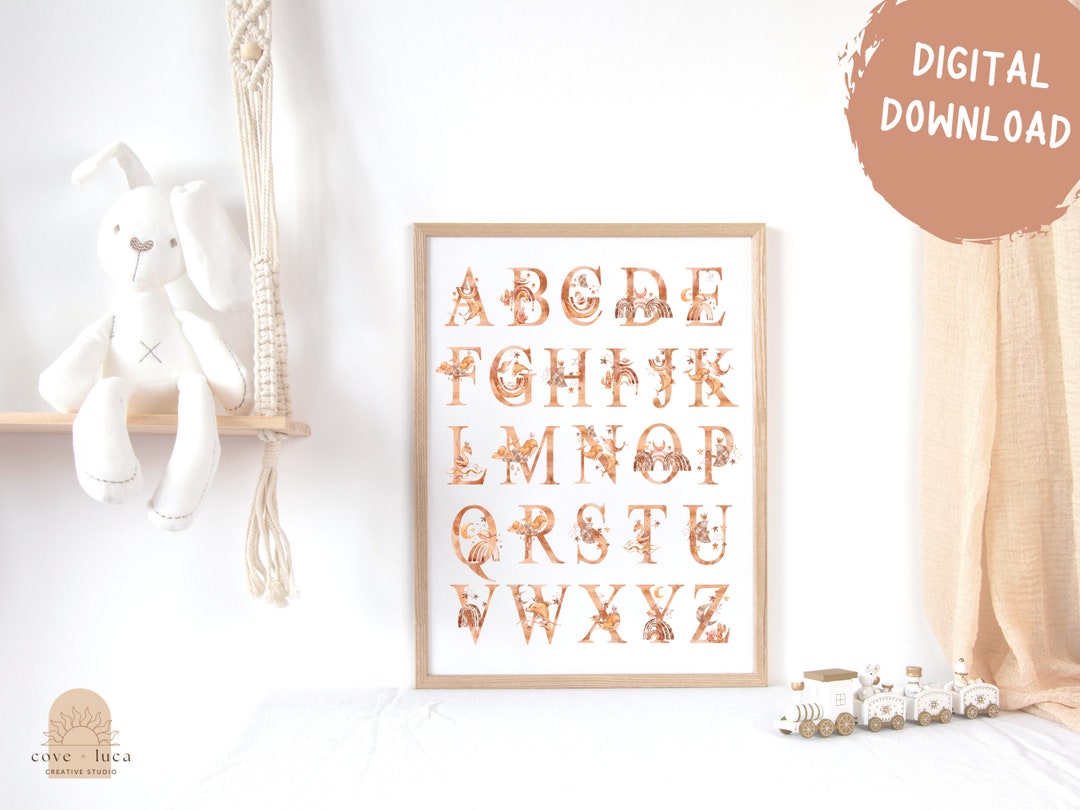 Boho Neutral Rainbow Nursery Alphabet ABC Print, Kids Playroom Wall Art ...