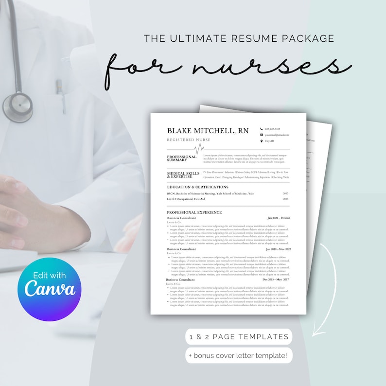 Resume Template CV Template CV Bachelor Degree Nurse Canva - Etsy
