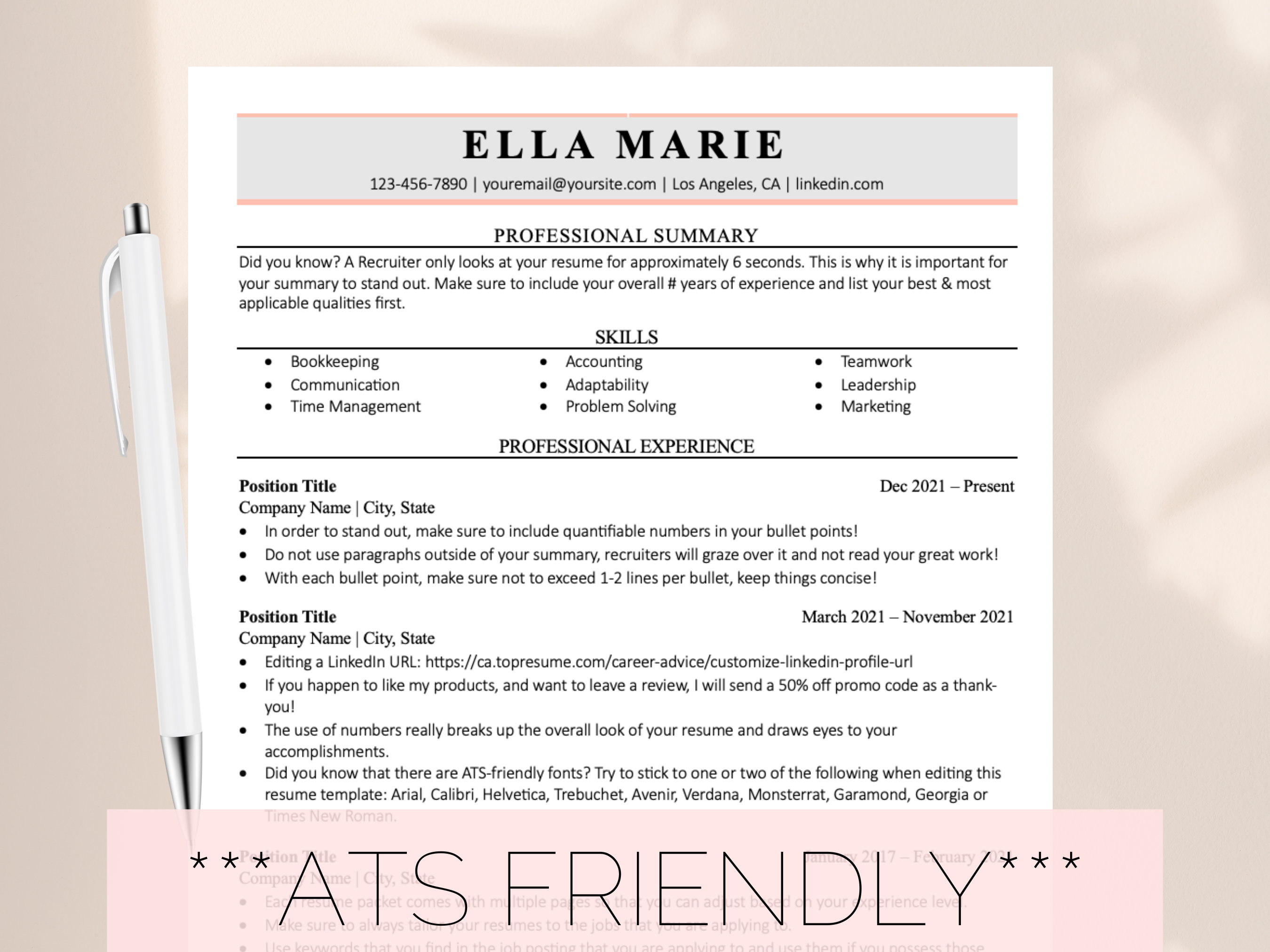 ATS Friendly Resume Template for Google Docs Word and Pages - Etsy