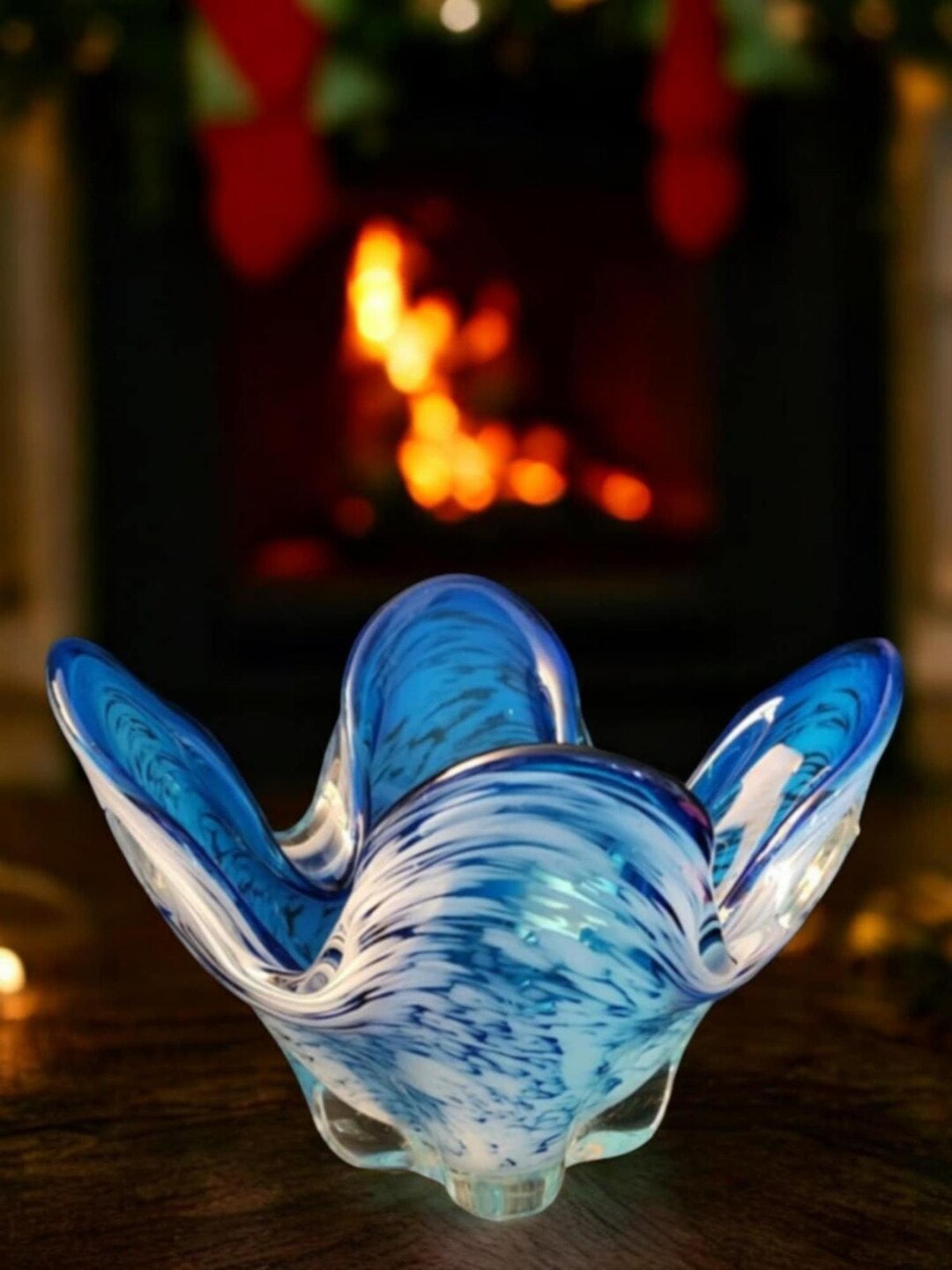 Artisan Hand Blown Fluted Edge Glass Bowl With Swirled Patterns of Blue ...