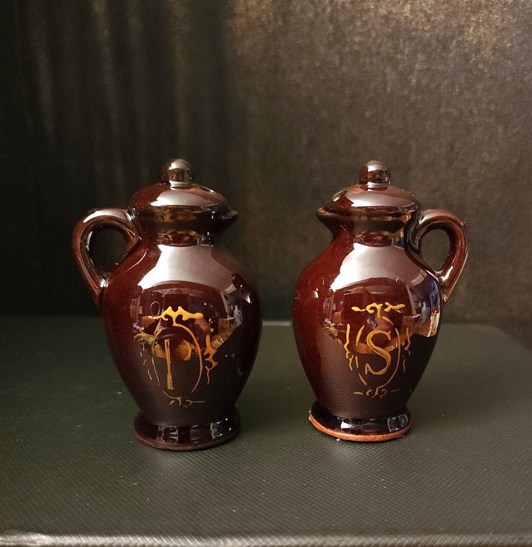 Vintage Redware Pottery Brown Pitchers Salt and Pepper Shaker Set - Etsy