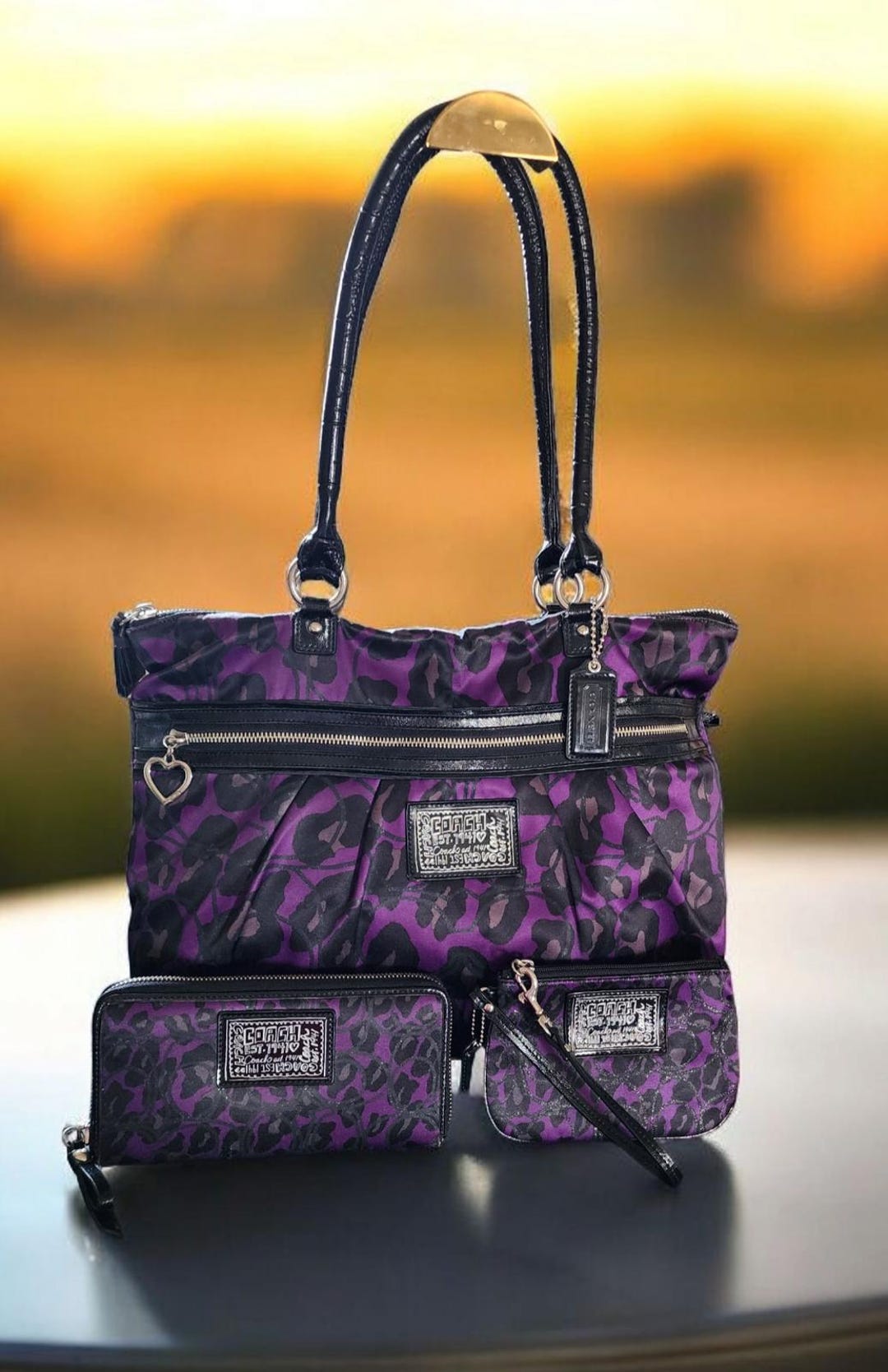 Coach Poppy Ocelot Leopard Print Purple Black Glam Bag, Wallet ...