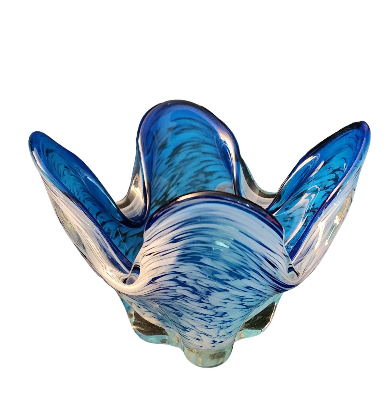 Artisan Hand Blown Fluted Edge Glass Bowl With Swirled Patterns of Blue ...
