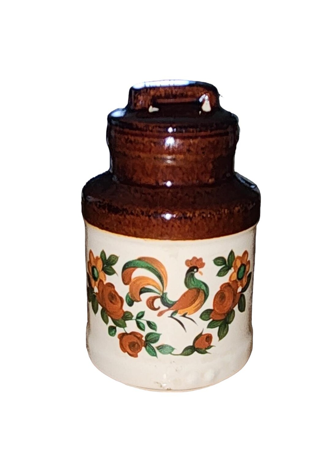 Stoneware ROOSTER CROCK Small Mini Drip Brown Red Green Floral Country ...