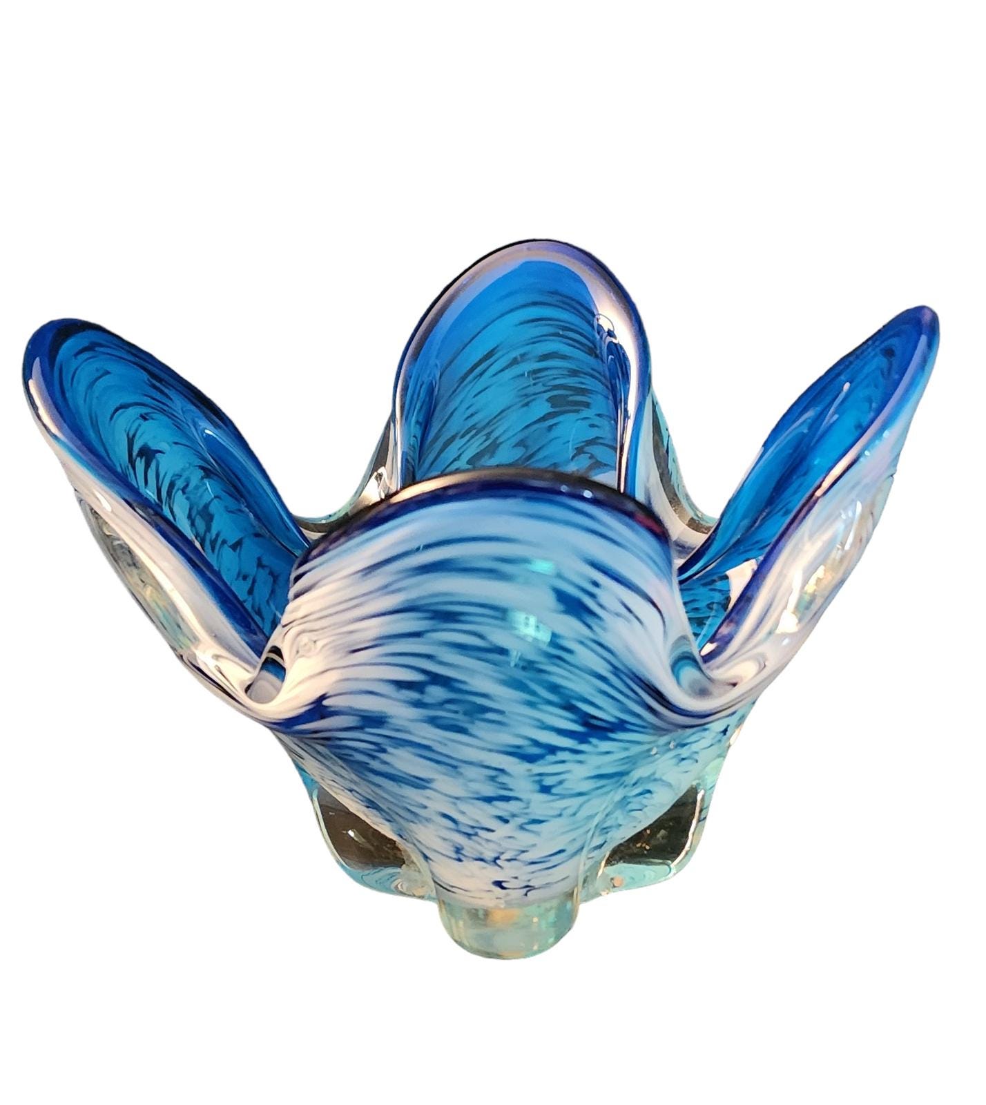 Artisan Hand Blown Fluted Edge Glass Bowl With Swirled Patterns of Blue ...