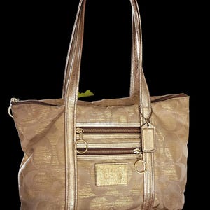 COACH Poppy Gold Signature Monogram Logo Jacquard Glam Tote Carry-all ...