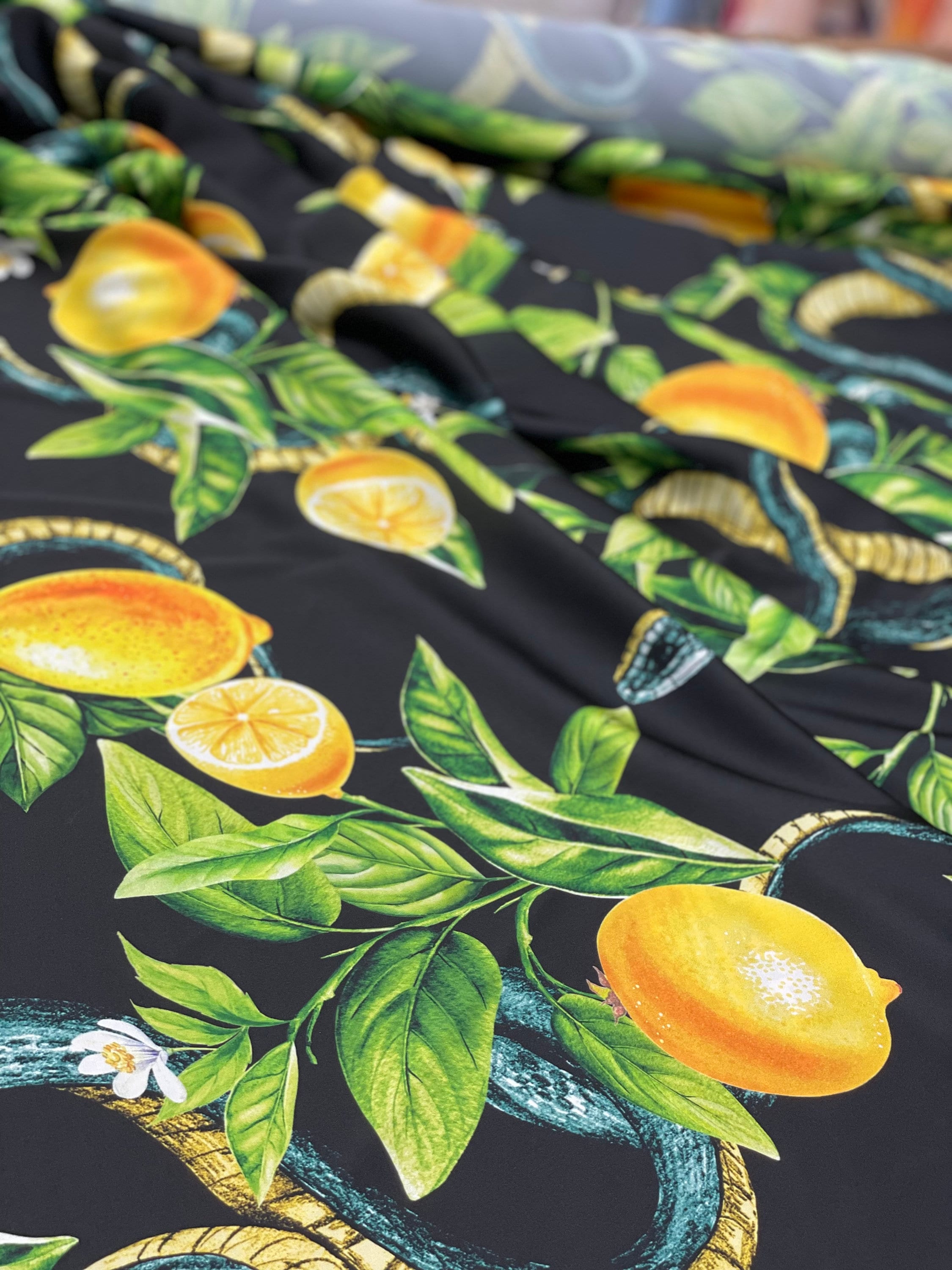 Black Silky Satin Fabric: Snake, Lemon Garden Print - Etsy