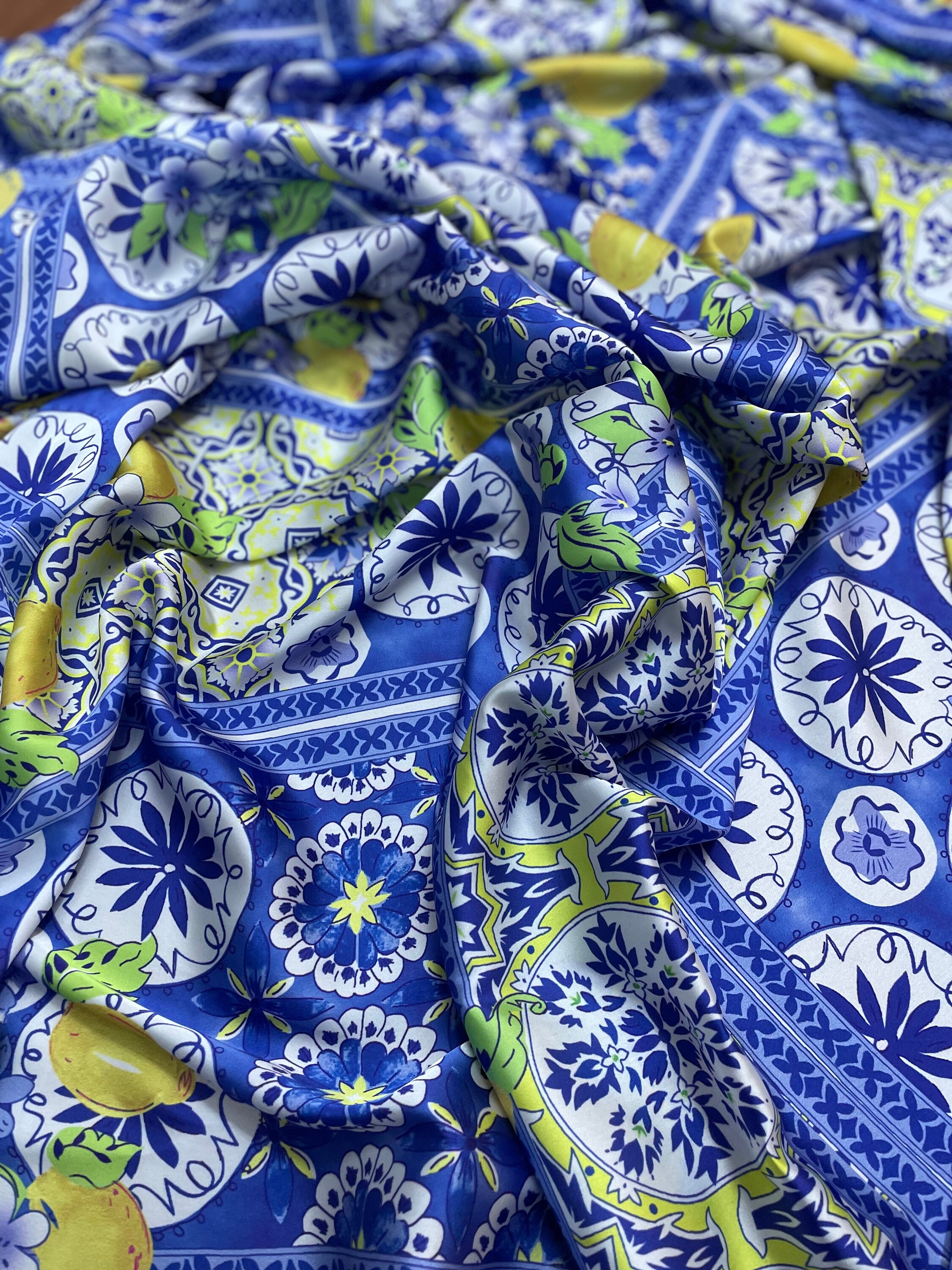 Majolica Blue Lemon Satin Fabric - Etsy