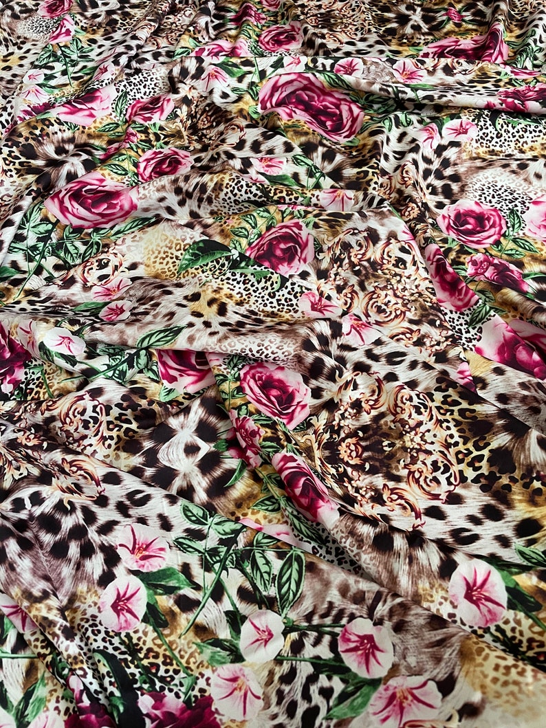 Leopard Red Rose Silky Satin Fabric-by the Yard ,flower Design Fabric ...