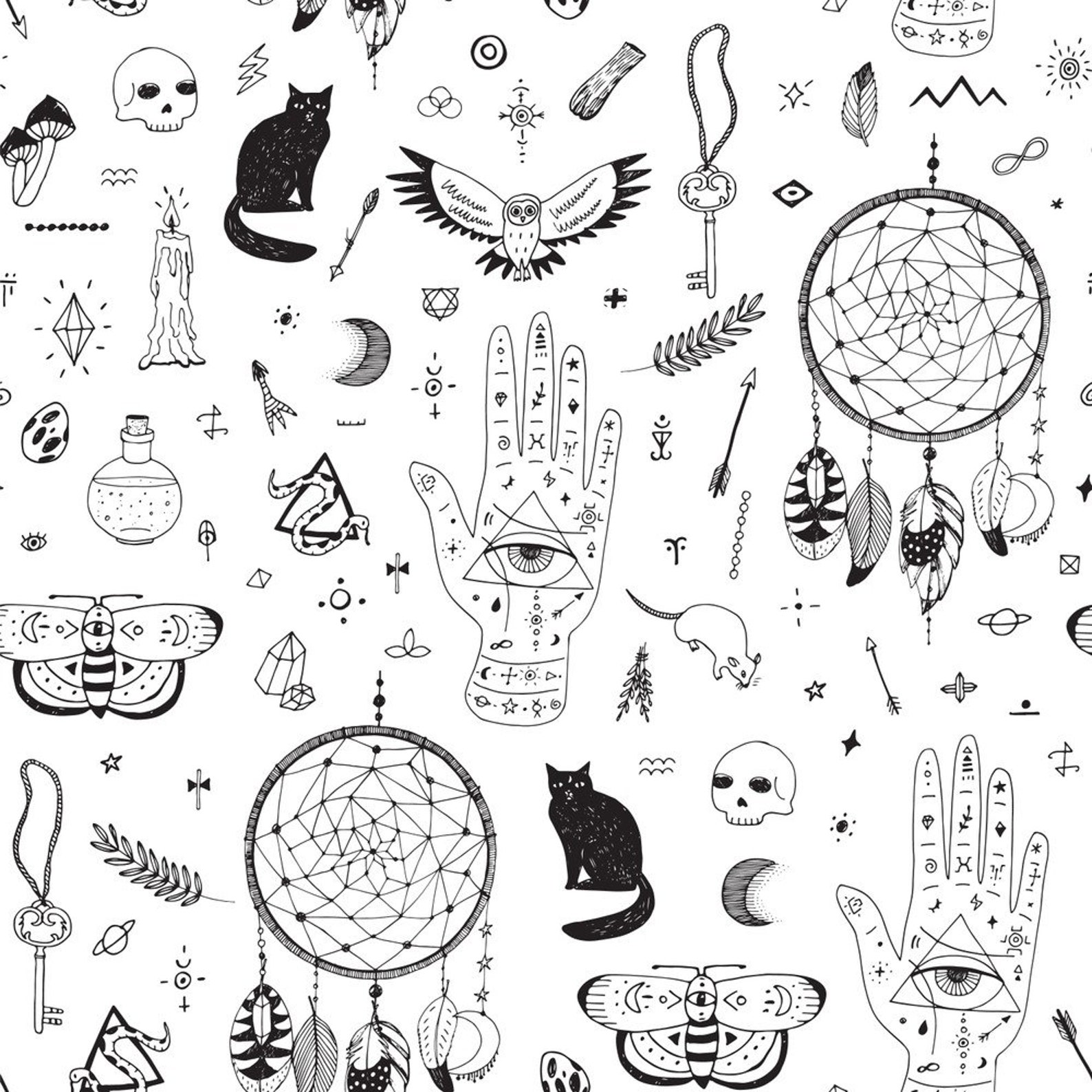 Abstract Black-white Silky Stin Fabric Hand Drawn Magic Pattern Fabric ...