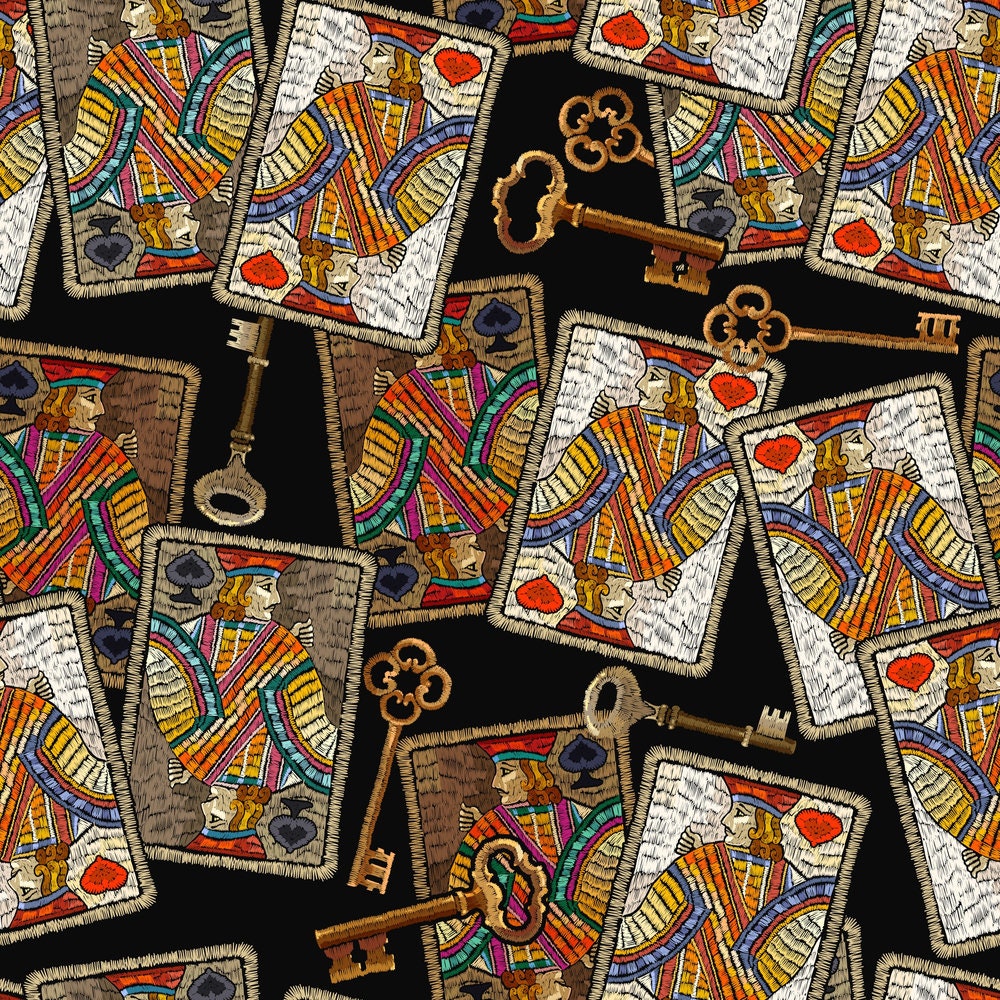 Playing Card and Key Pattern Silky Satin Fabric is Special Design ...