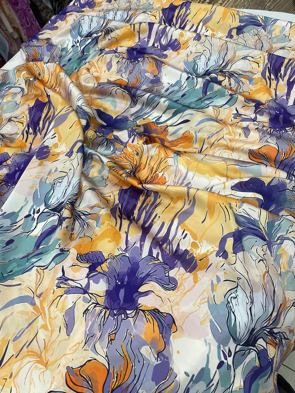 Batik Floral Silky Satin, Batik Patterned Satin Fabric, Dress Fabrics ...