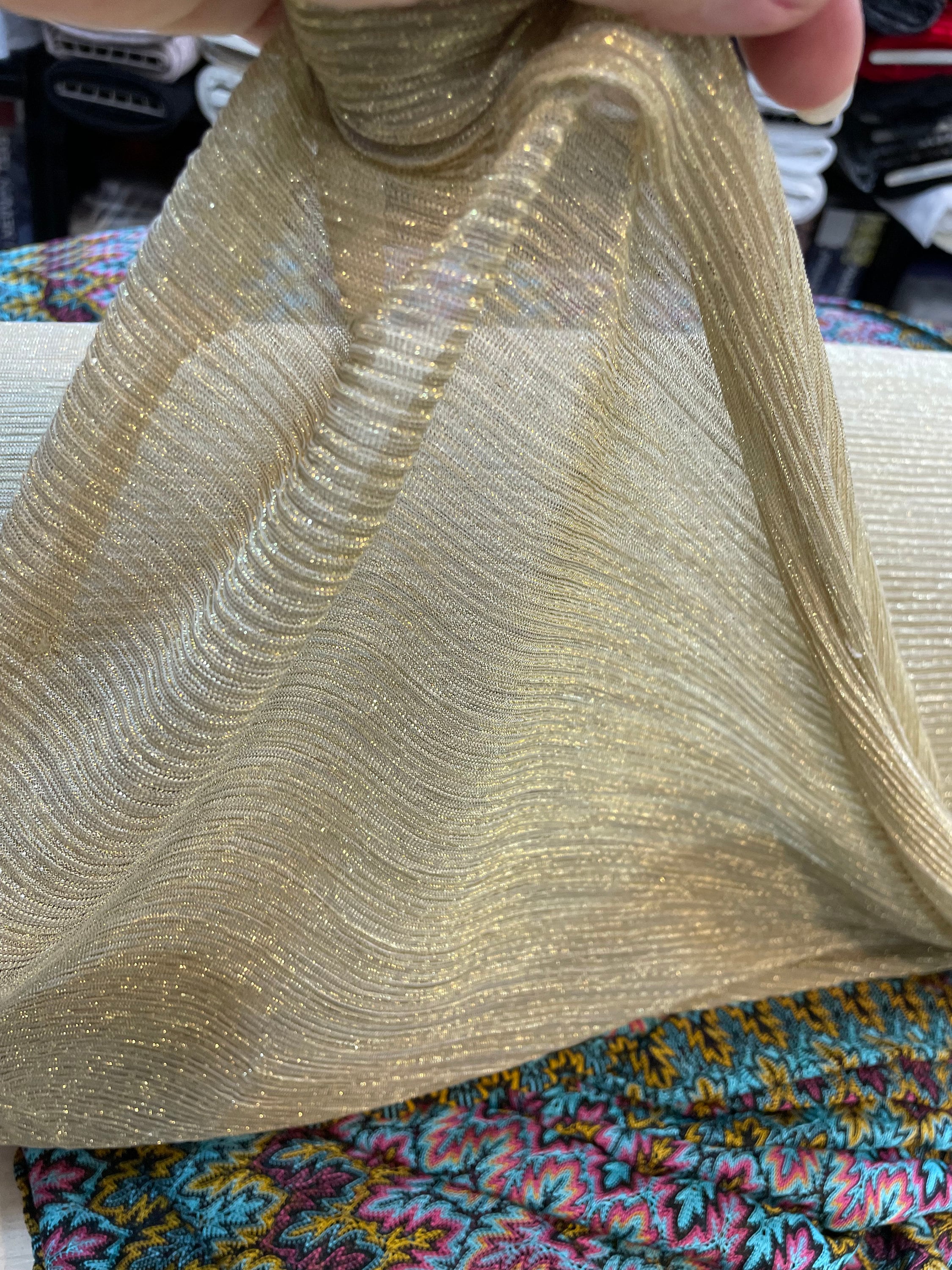 Gold Luminous Knit Fabric, Metallic Pleated lurex Shiny Stretch Fabric ...