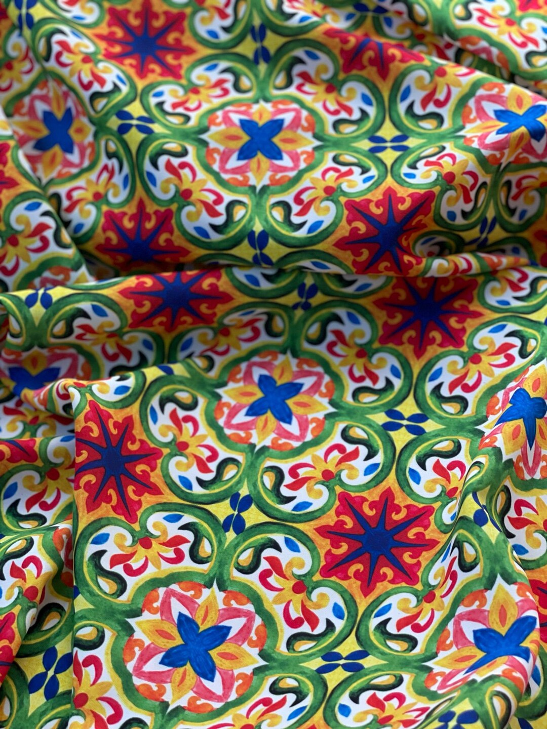 Azulejo Tiles Patterned Silky Satin Fabric High Quality Fabrics - Etsy