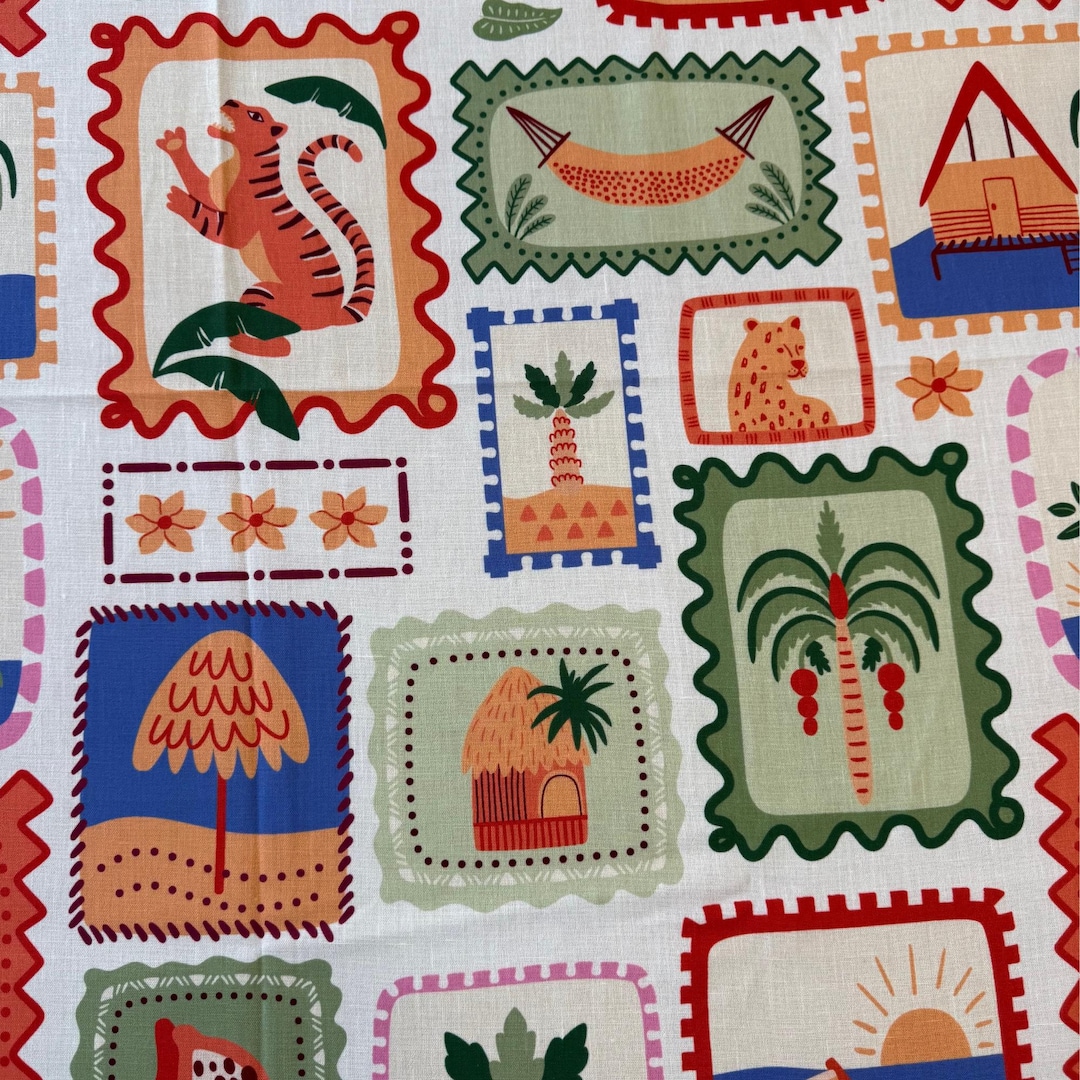 Tropical Patchwork Linen Fabric With Palms Animals Beach Summer Decor ...