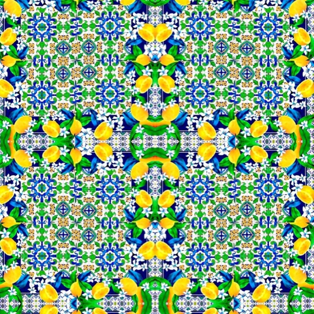 Majolica Lemon Pattern Crepe Fabric , Sicilian Pattern Fabric Blue ...