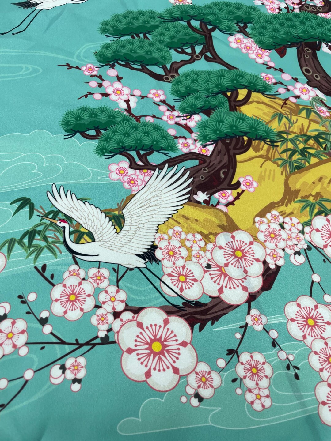 Japanese Style Birds and Sakura Flowers Silky Satin Fabrics ...