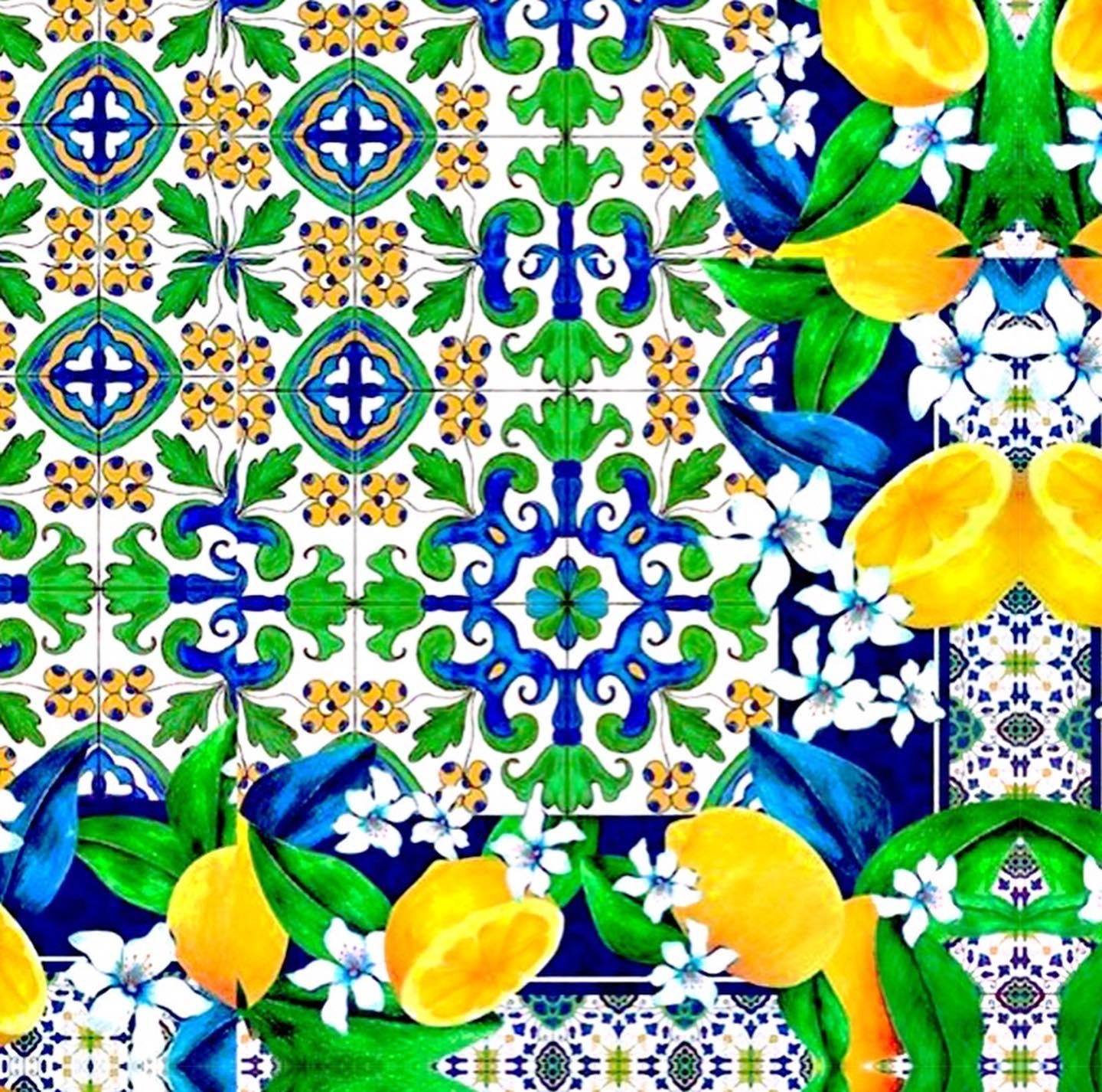 Majolica Lemon Pattern Crepe Fabric , Sicilian Pattern Fabric Blue ...