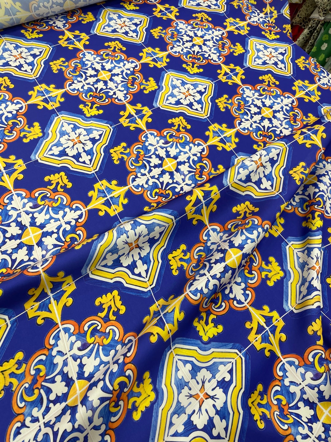 Portugal Design Silky Satin Fabric - Sax -yellow Color Satin Fabric ...