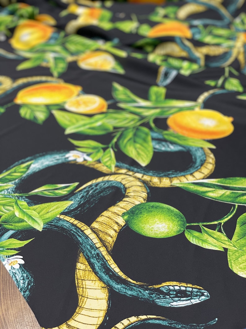 Black Silky Satin Fabric: Snake, Lemon Garden Print - Etsy