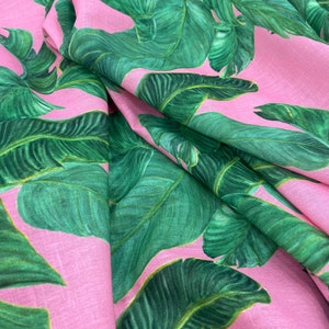 Large Pink Green Leaf Linen Fabric - (possibility of Printing on the ...